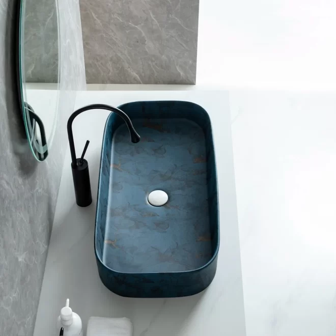 Großhandel Keramik Zähler oben Becken mit blauen Marmor-Muster
